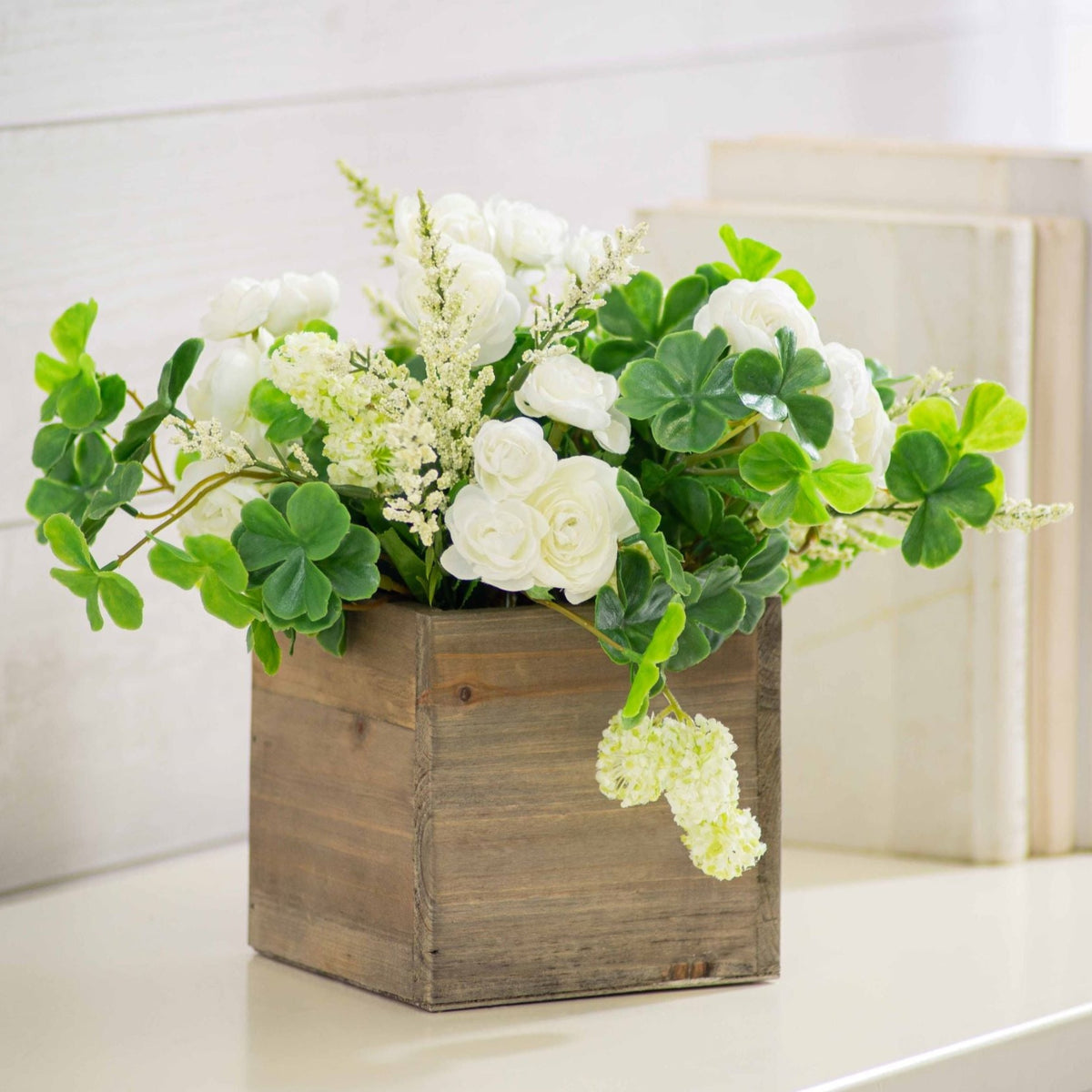 Lucky Clover - St. Patrick's Day Faux Floral Arrangement with White Ra ...