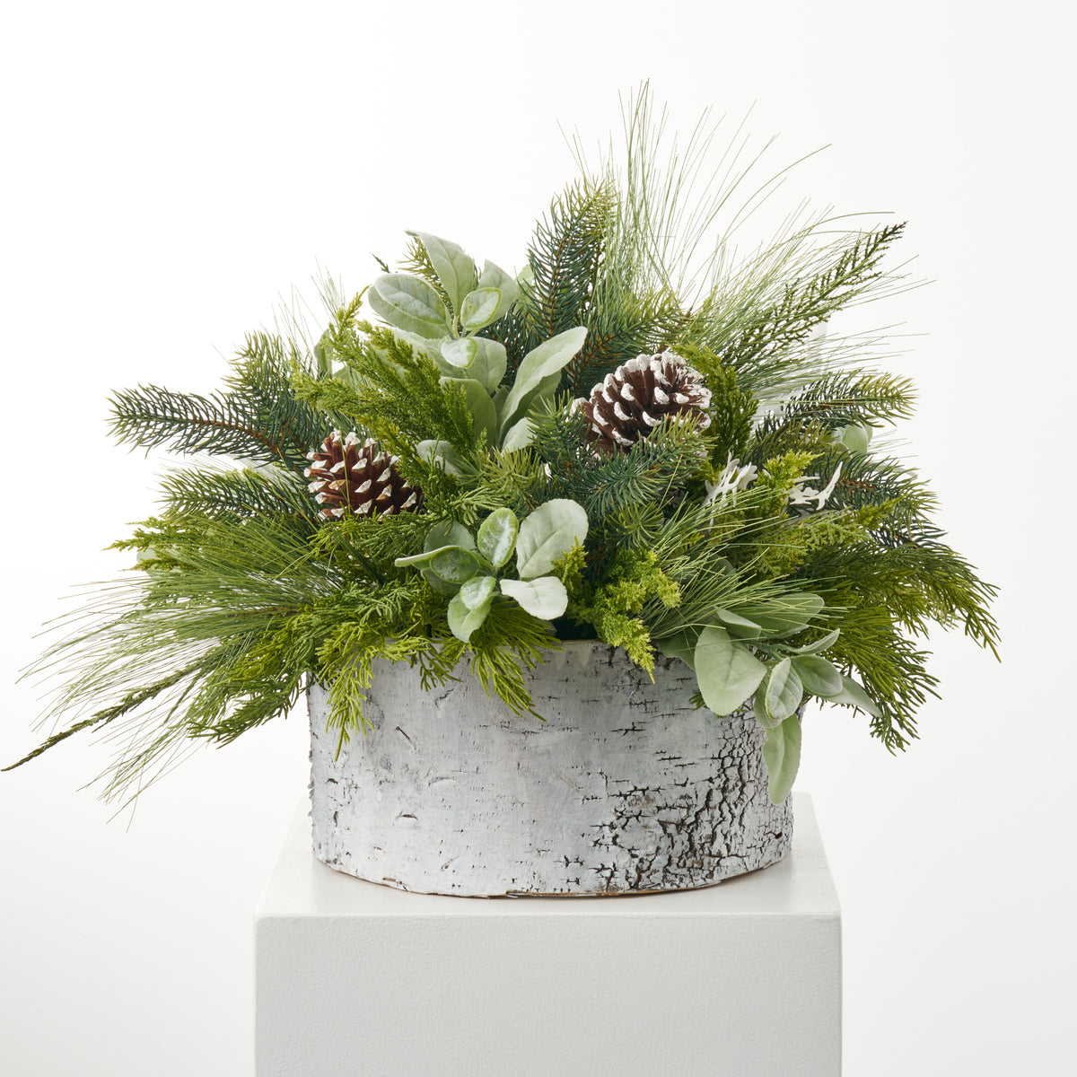 Large Winter Greenery Frosted Pinecone Arrangement - White Birch Base ...