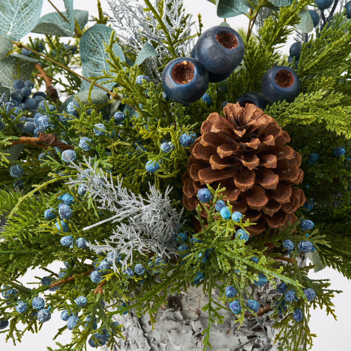 Juniper Berry & Silver Cedar Pine Arrangement in Small White Birch Cyl ...