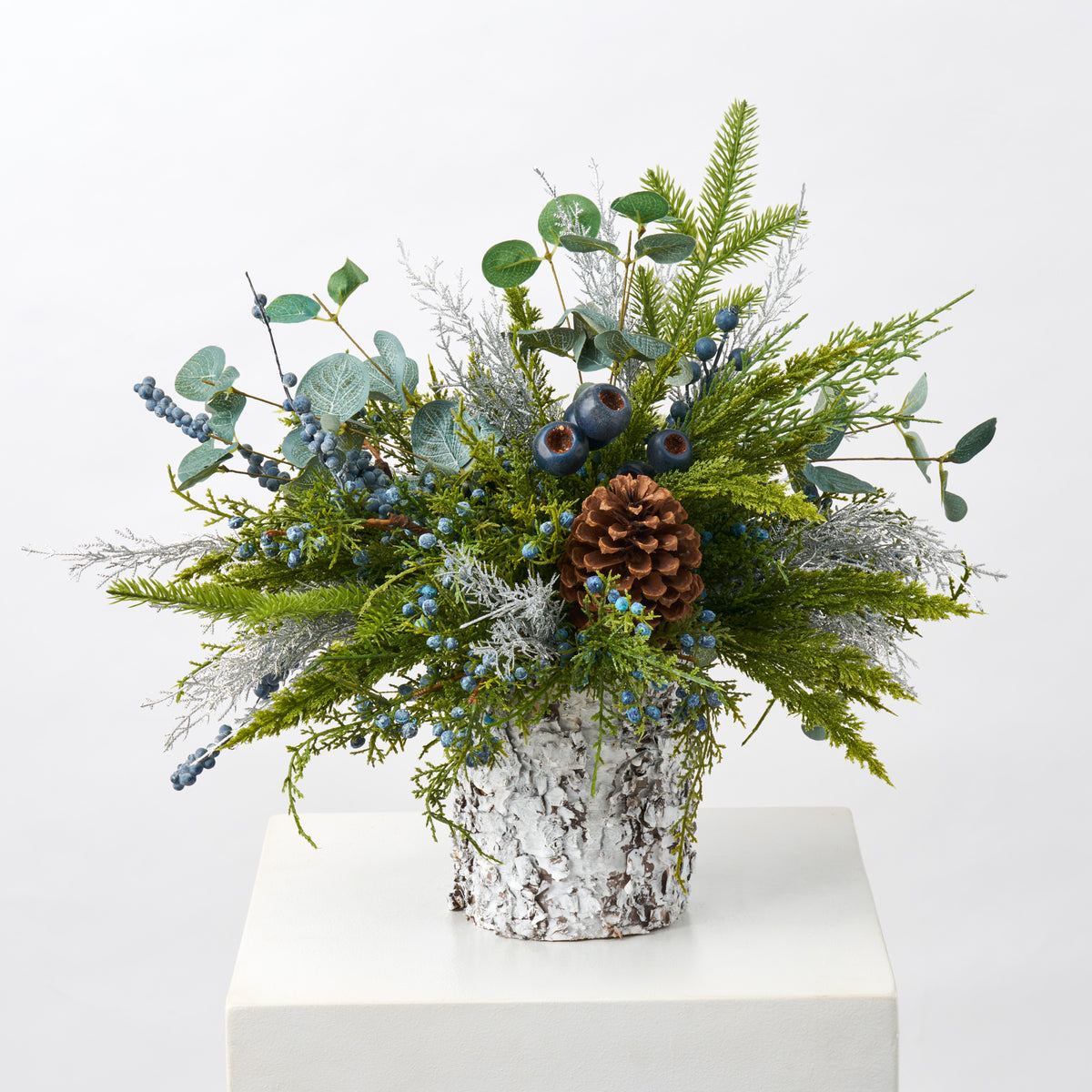 Juniper Berry & Silver Cedar Pine Arrangement in Small White Birch Cyl ...