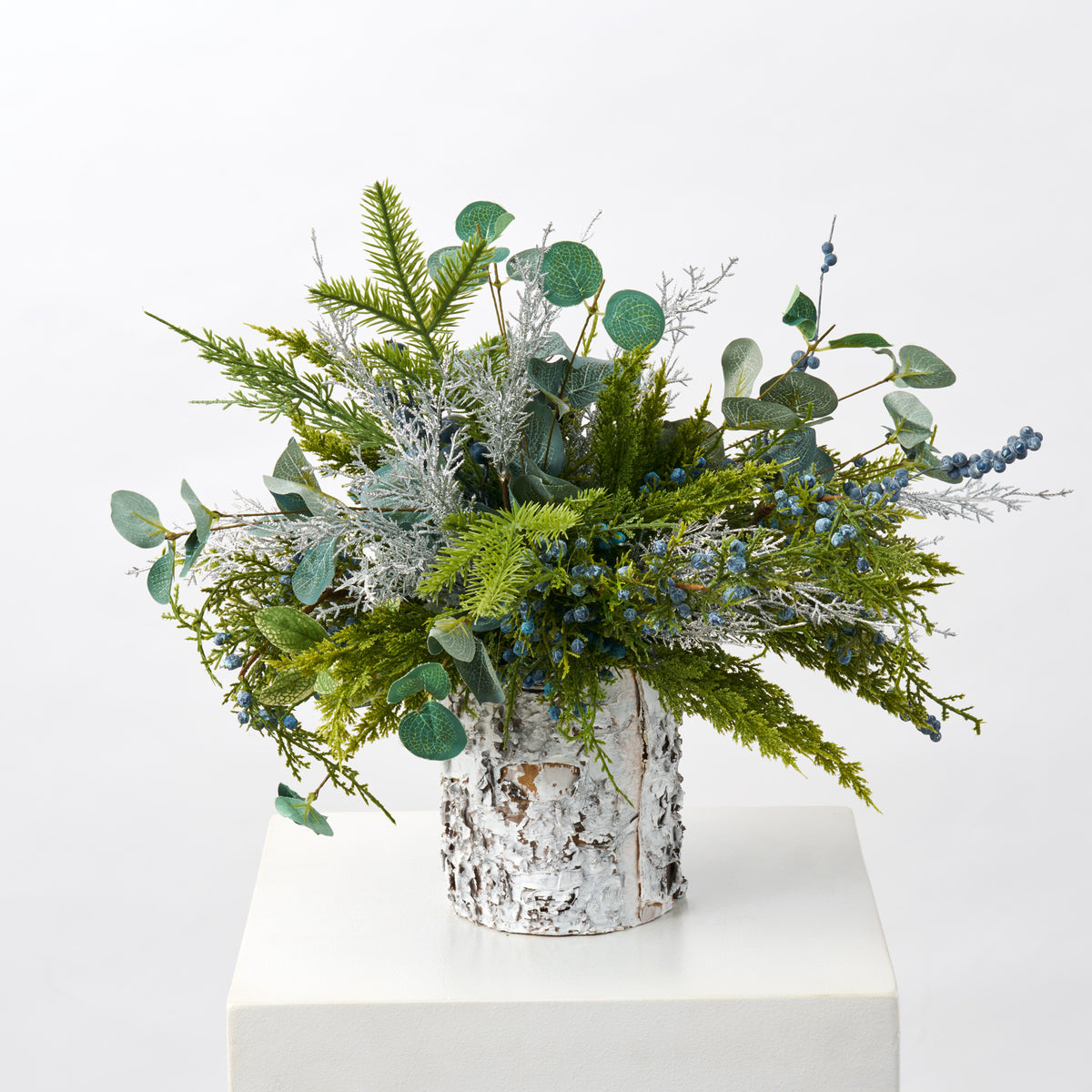 Juniper Berry & Silver Cedar Pine Arrangement in Small White Birch Cyl ...