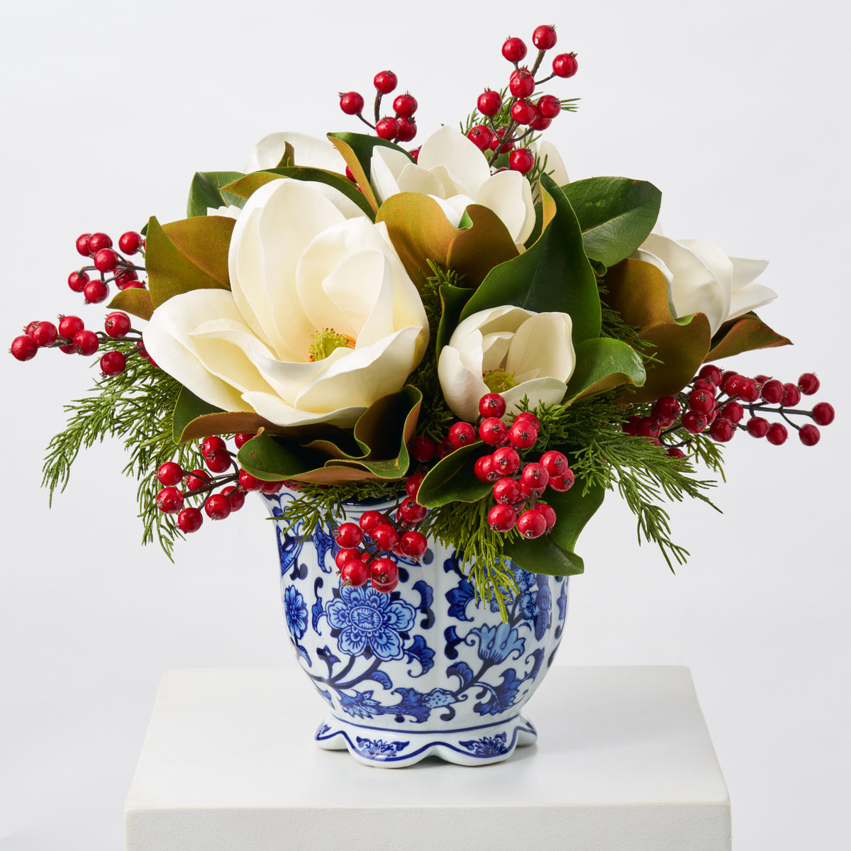 Holiday Chic - Real Touch White Magnolia Blooms, Cedar Greenery & Red ...