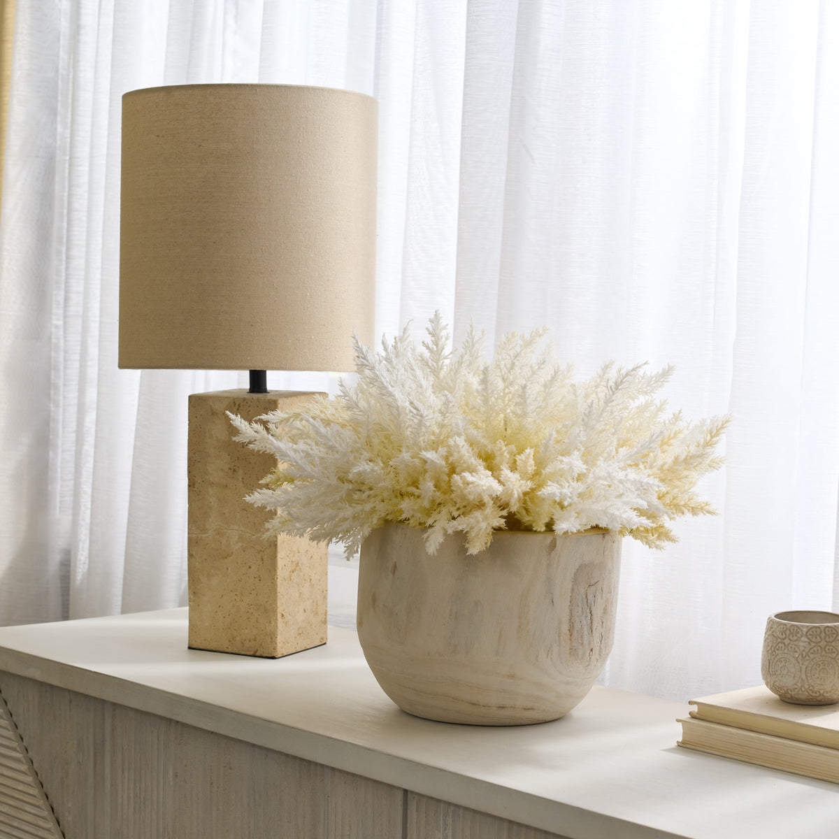 Faux Bleached Ivory Cream Pampas Grass in Large Natural Wood Bowl Ever ...