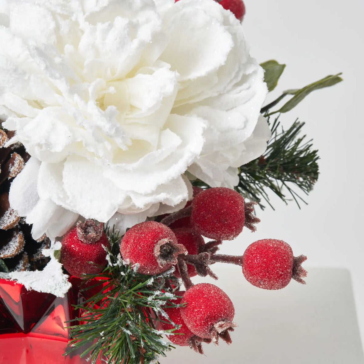 Snow Covered Glitter White Peony, Pecone & Red Glitter Rosehip Berry ...