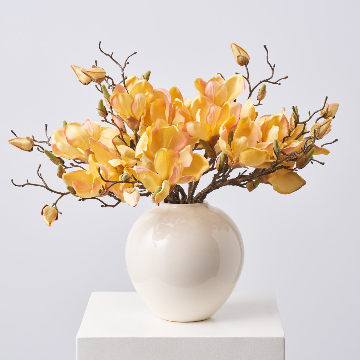 Golden Yellow Magnolia Blooms & Branches in Cream Gloss Ceramic Rounde ...