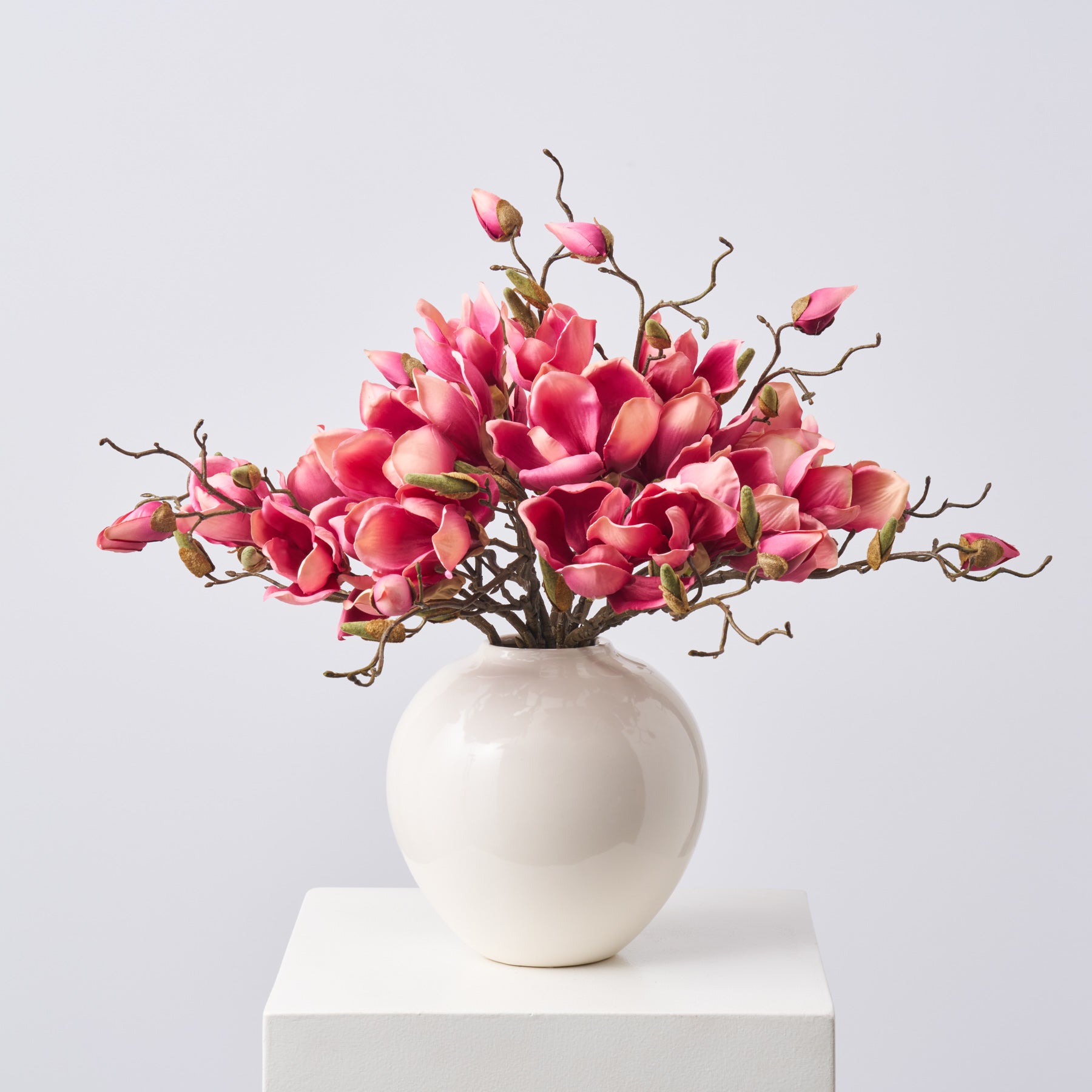 Fuchsia Pink Magnolia Blooms & Branches in Cream Gloss Ceramic Rounded ...