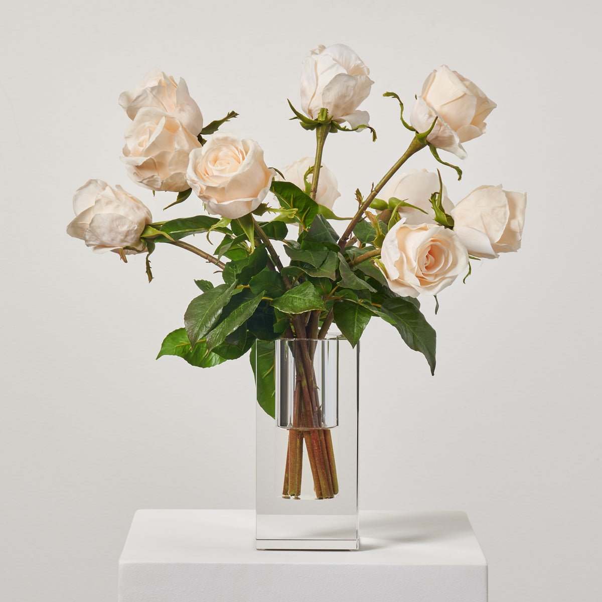 Cream Real Touch Long Stem Roses in Crystal Cut Block Vase Everyday Wa ...
