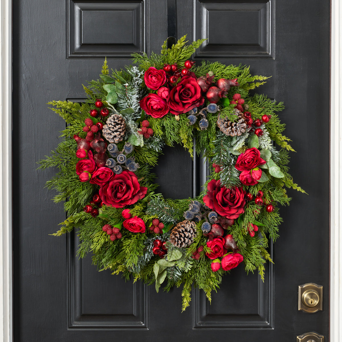 Red Queen Rose & Mixed Winter Berry Classic Holiday Front Door Mantle ...