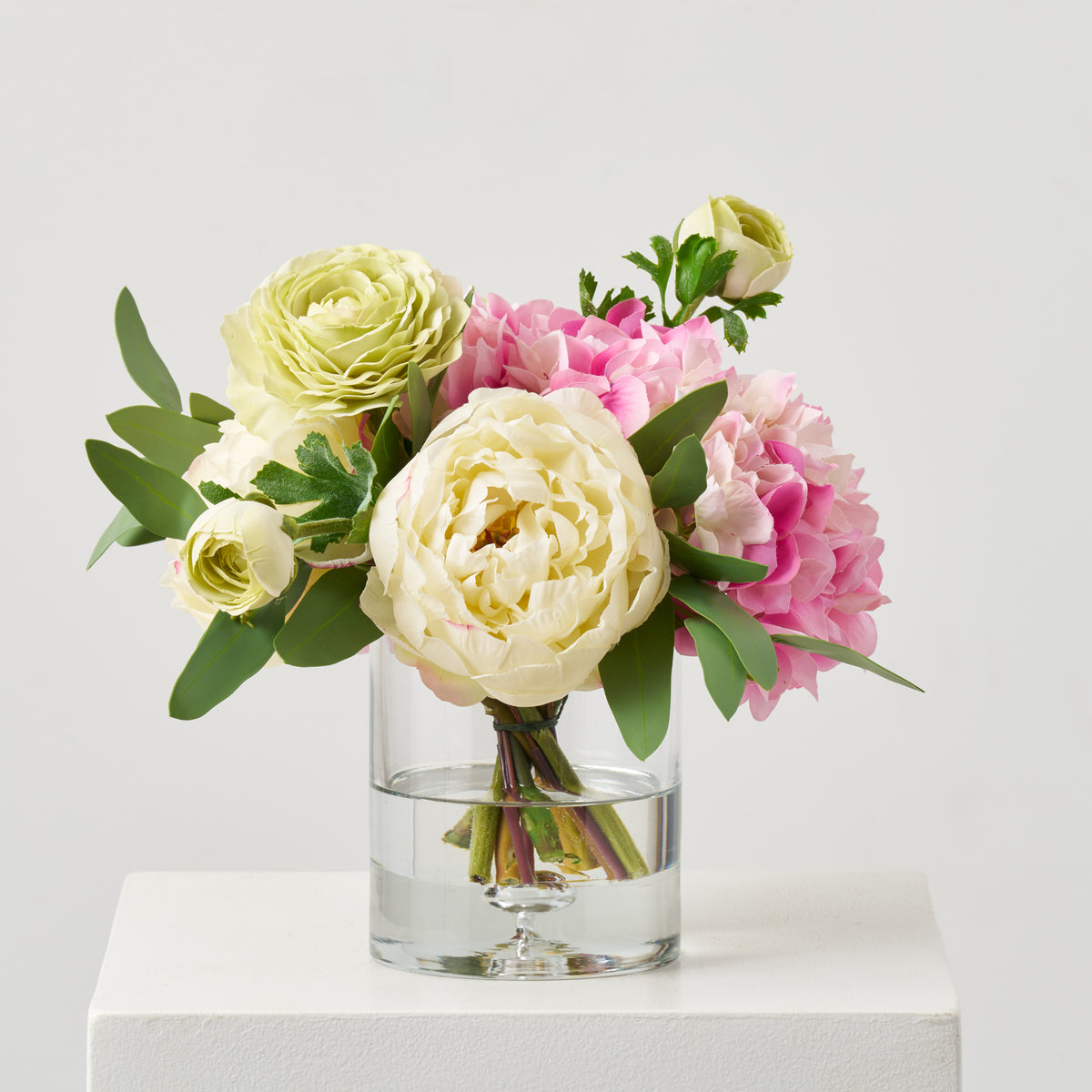 Real Touch Cream Peony, Pink Hydrangea, Green Ranunculus & Seeded Euca ...