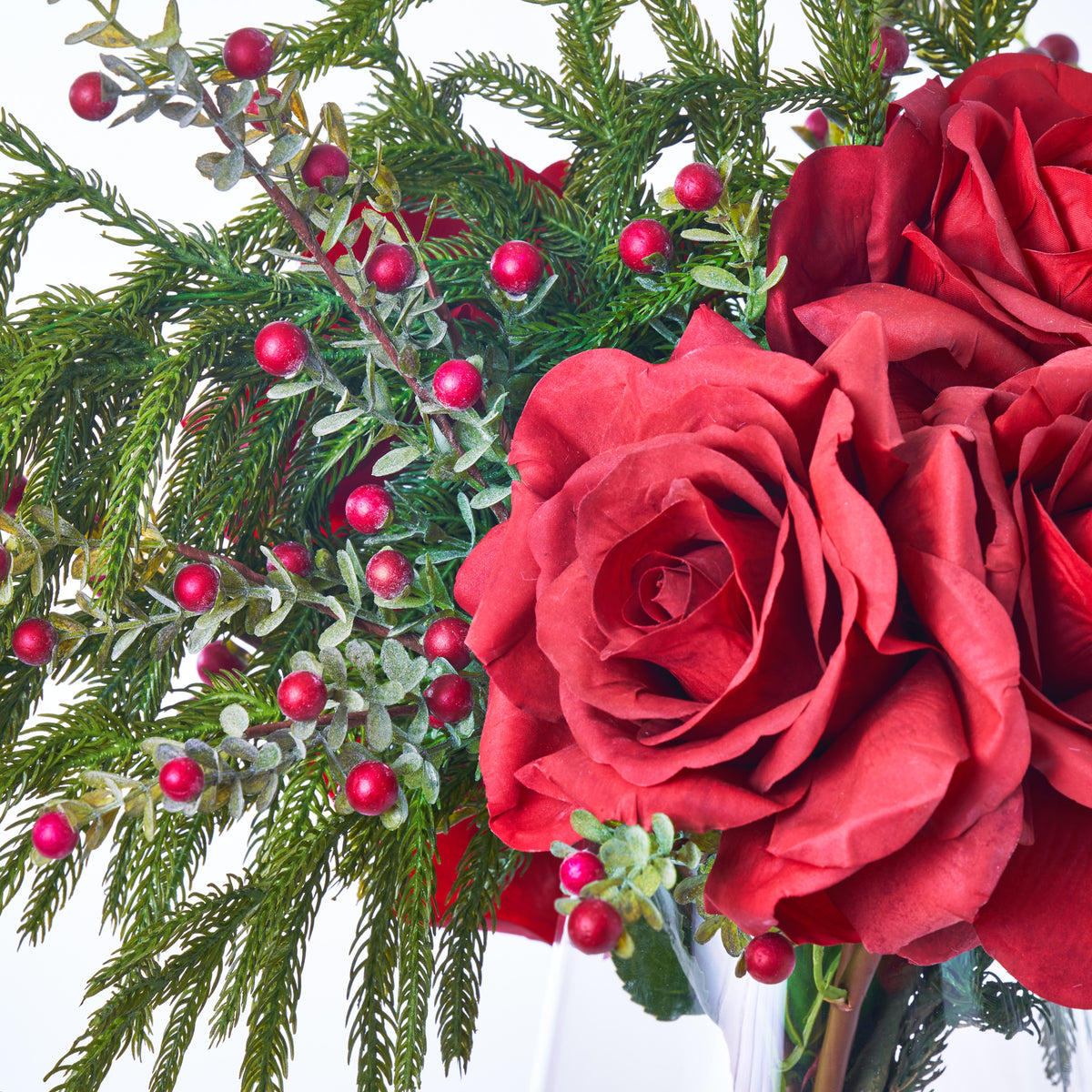 Red Rose Norfolk Pine Arrangement - Christmas Centerpiece with Winter ...