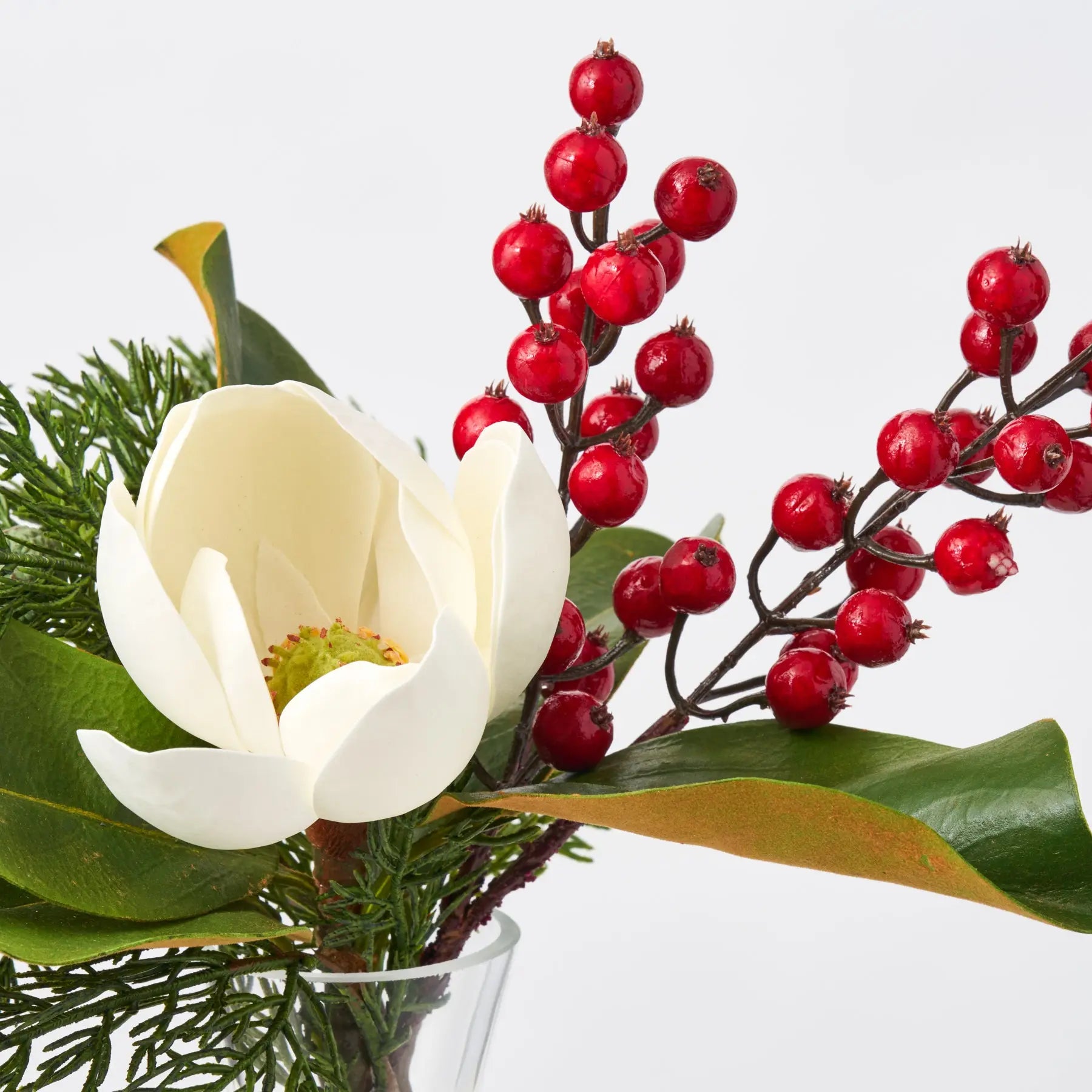 Real Touch White Magnolia Bloom, Cedar Greenery & Red Currant Berry in ...