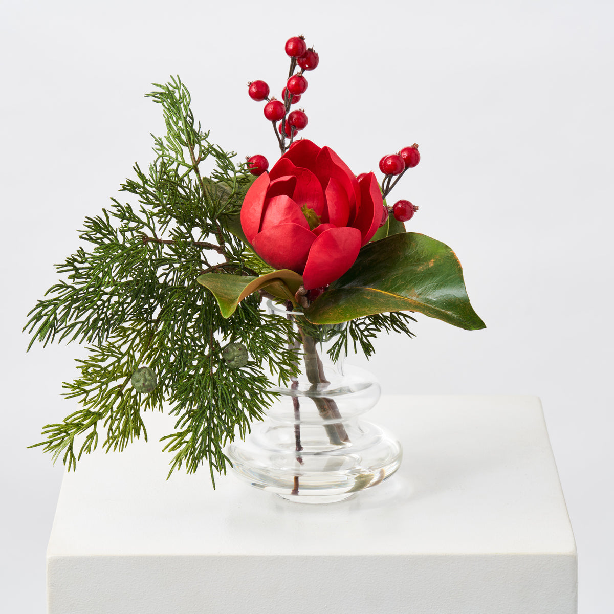 Real Touch Red Magnolia Bloom, Cedar Greenery & Red Currant Berry in V ...