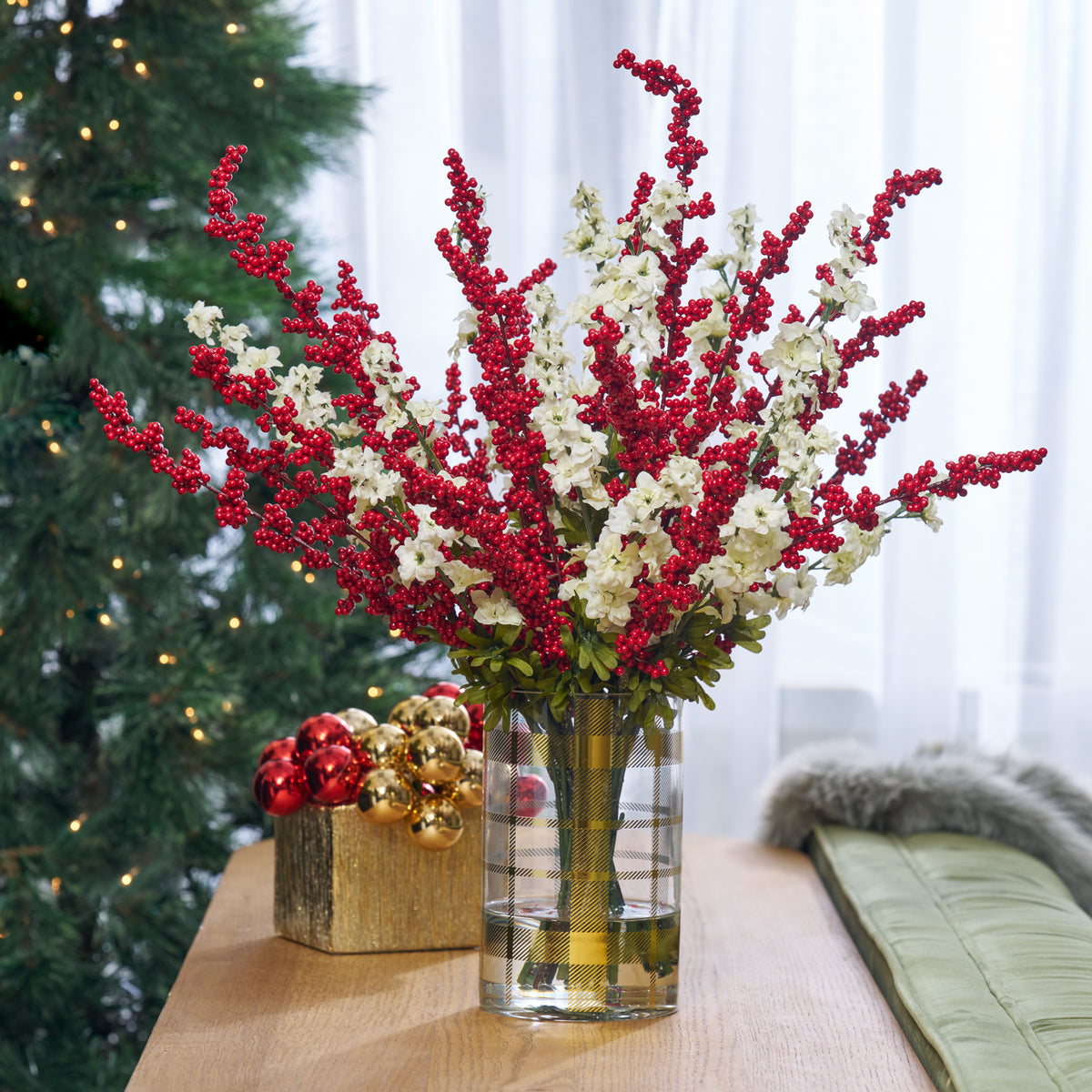 Cream Larkspur Flower & Red Ilex Berry in Gold Plaid Embossed Christma ...