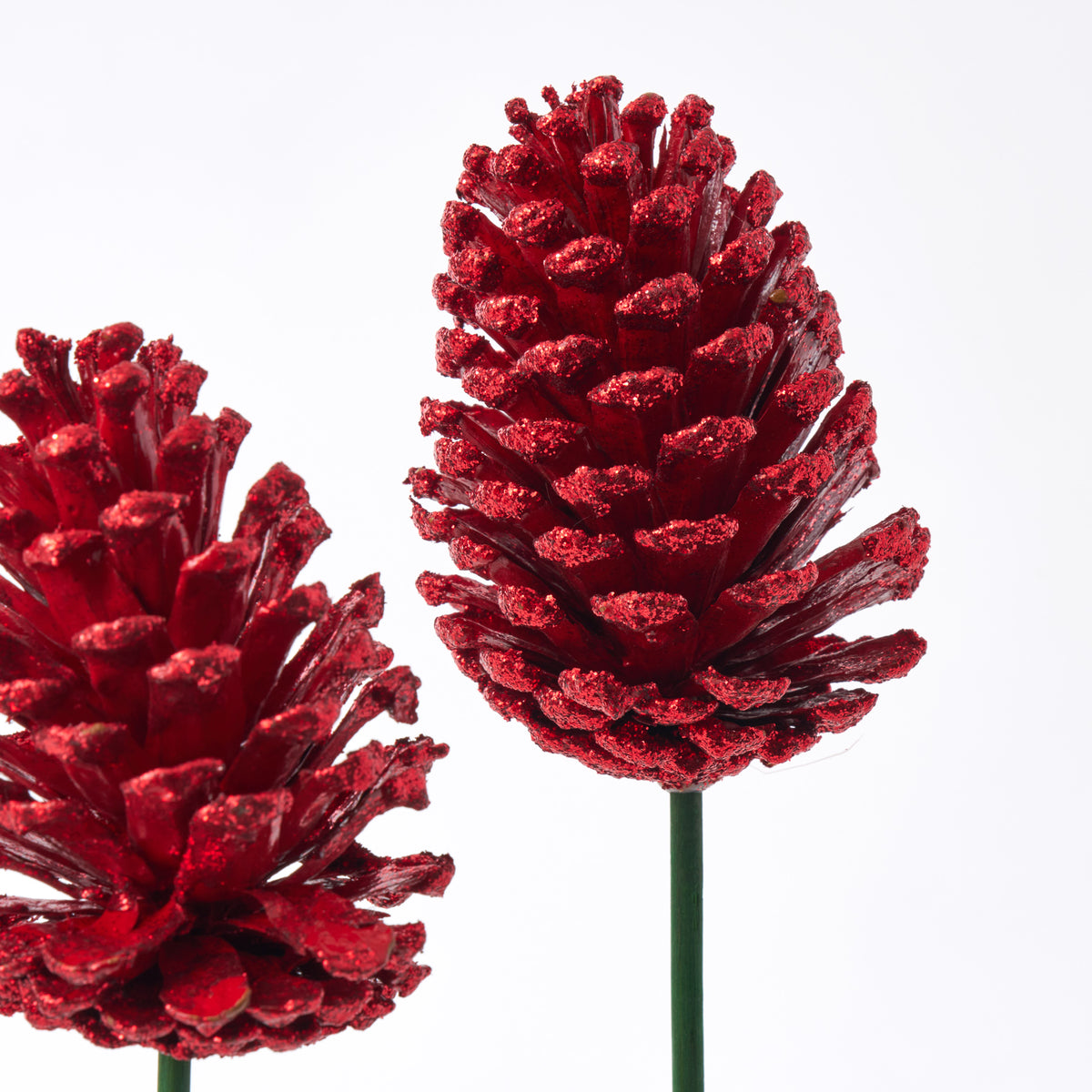 Red Painted Pinecone with Red Glitter Tip on Green Wood Pick - Set of ...