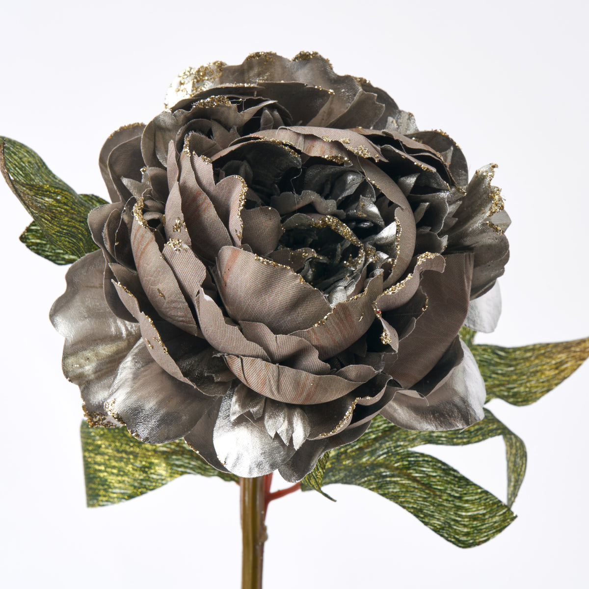 Silver Holiday Peony with Glittered Edges and Green Metallic Leaves ...