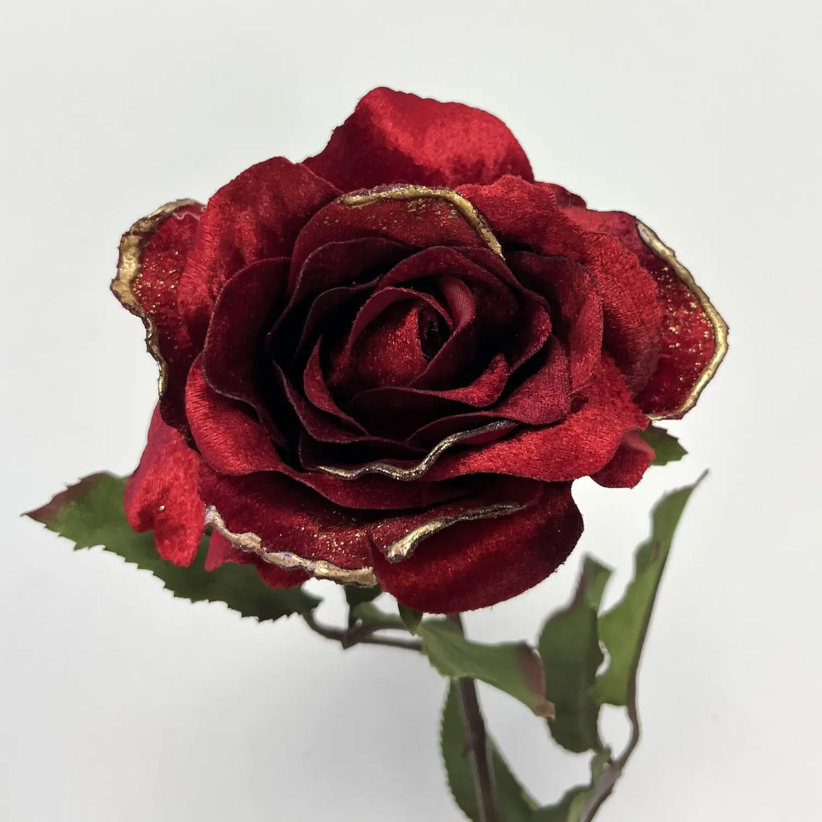 Scarlet Red Velvet Gold Tip Painted Single Rose Stem Spray - 24 ...