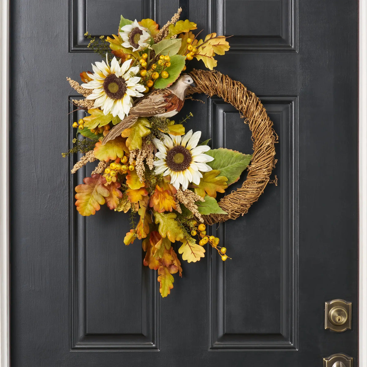 Sunflower Field Forager - White Sunflower, Gold Berry & Quail Bird wit ...