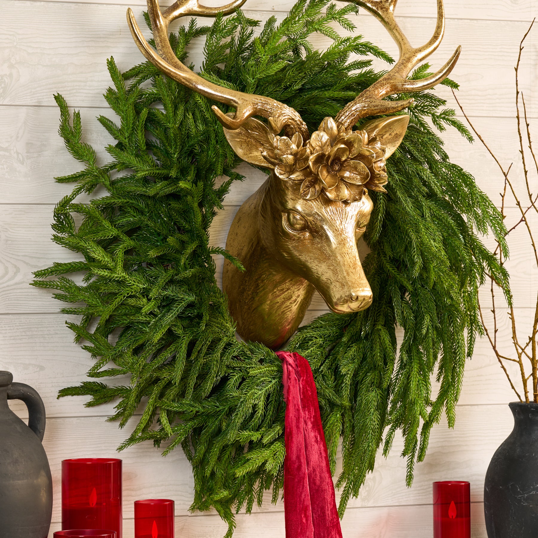Metallic Gold Flower Crown Reindeer Stag Bust Wall Mount Hanging Sculp ...