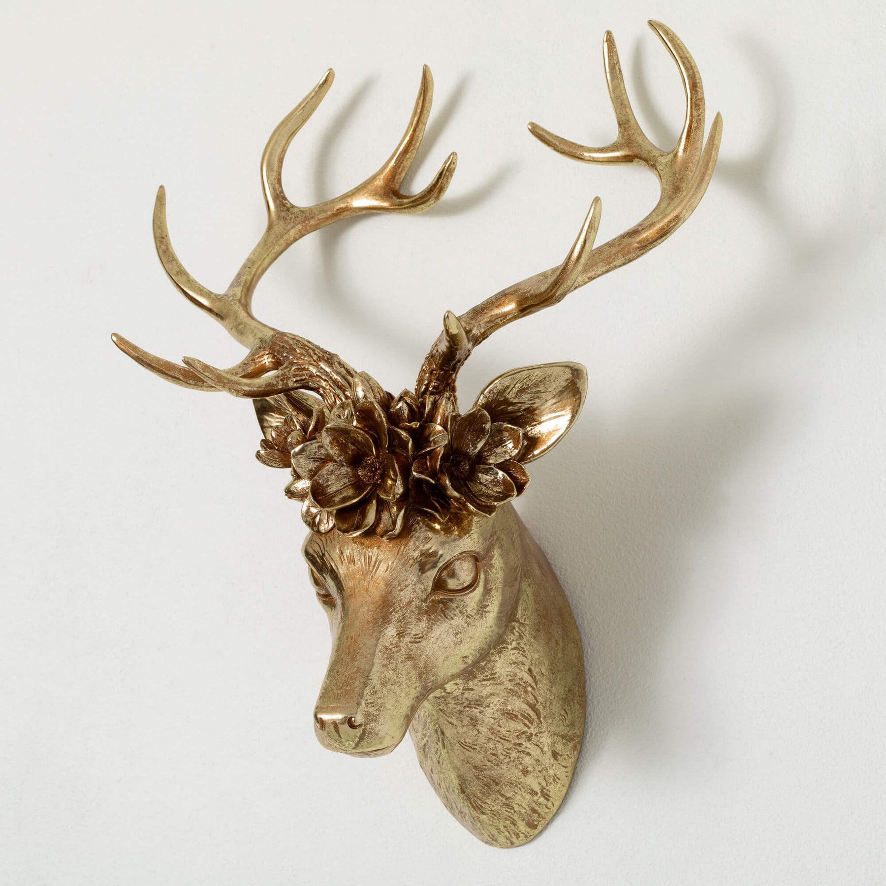 Metallic Gold Flower Crown Reindeer Stag Bust Wall Mount Hanging Sculp ...