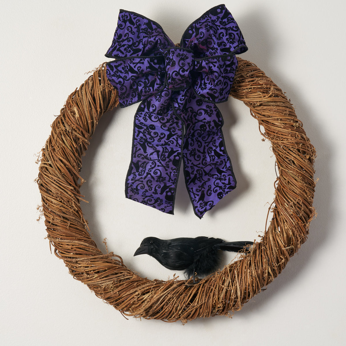 Natural Grapevine Twig Wreath with Purple Halloween Bow & Faux Black C ...