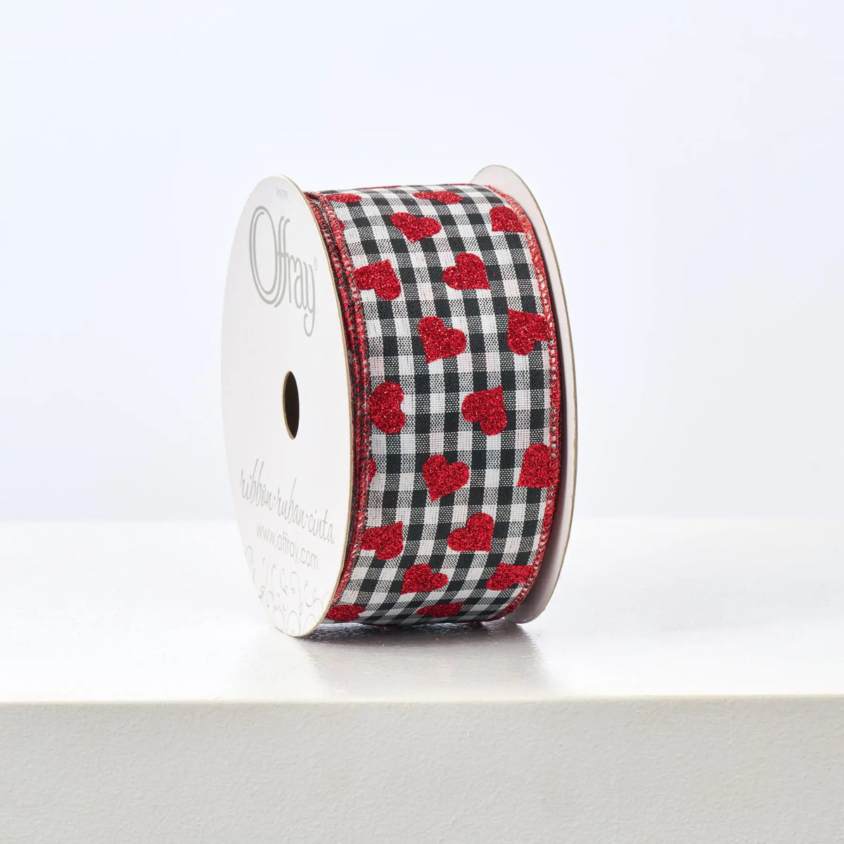 Black and White Checkered Wired Ribbon with Red Glittered Hearts - 10 ...