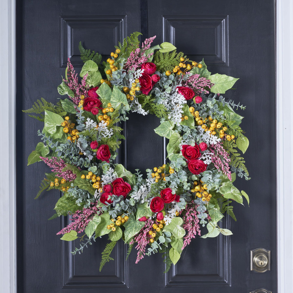 Pink Ranunculus, Eucalyptus with Heather & Yellow Berries Spring Summe ...