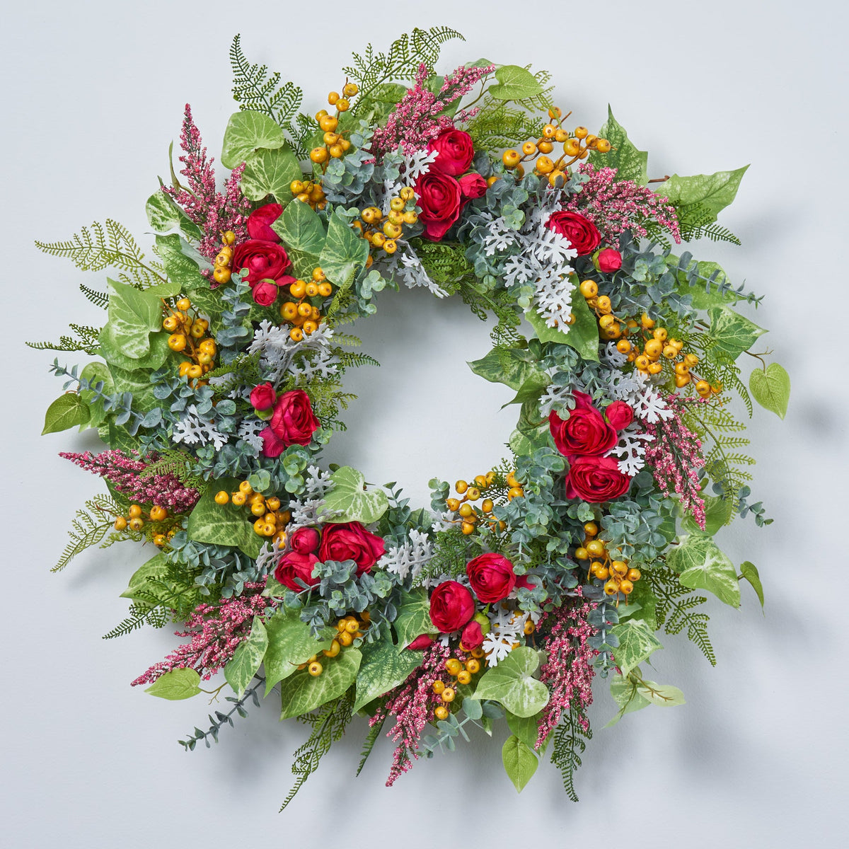 Pink Ranunculus, Eucalyptus with Heather & Yellow Berries Spring Summe ...