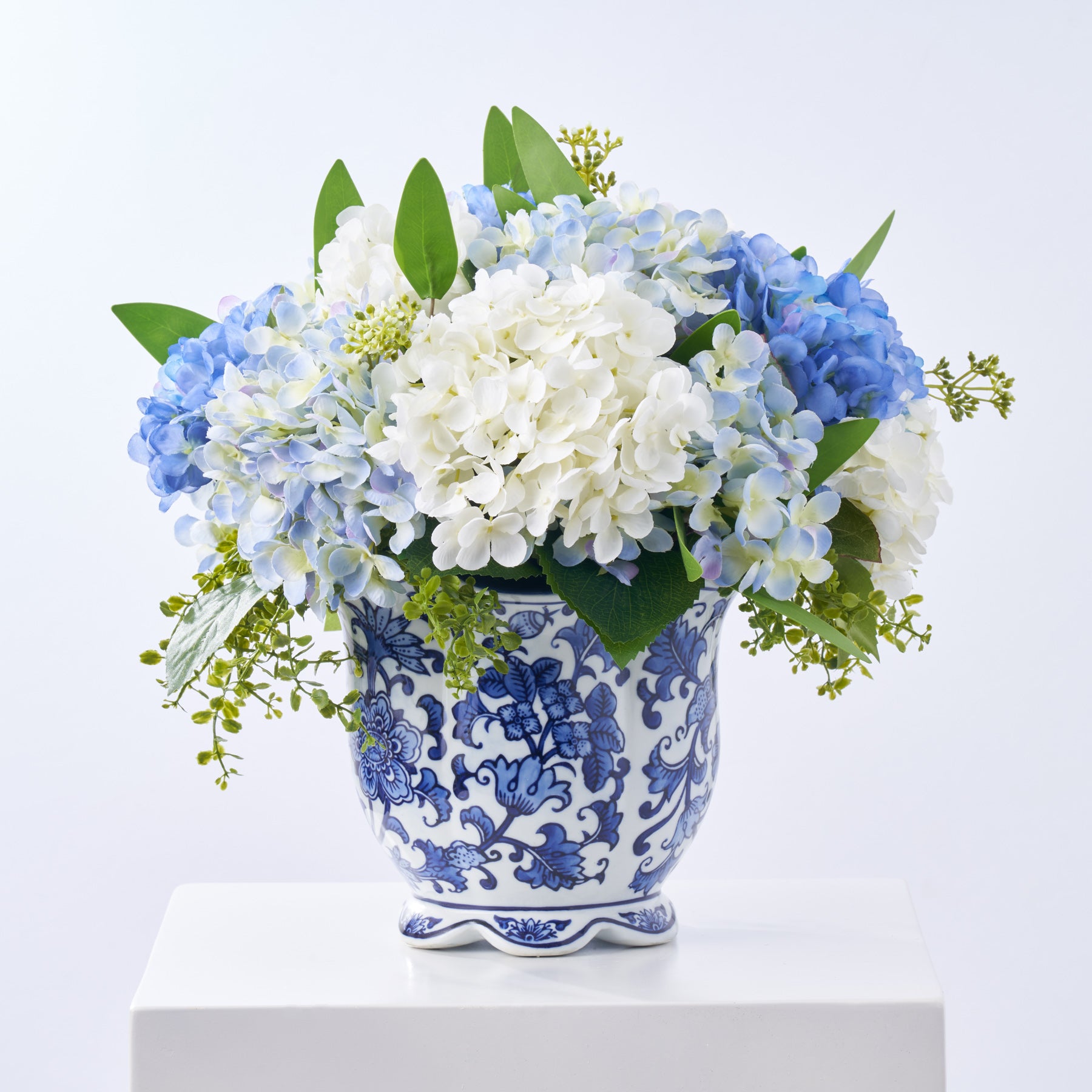 Blue & White Hydrangea Everyday Floral Arrangement Centerpiece In Porc ...