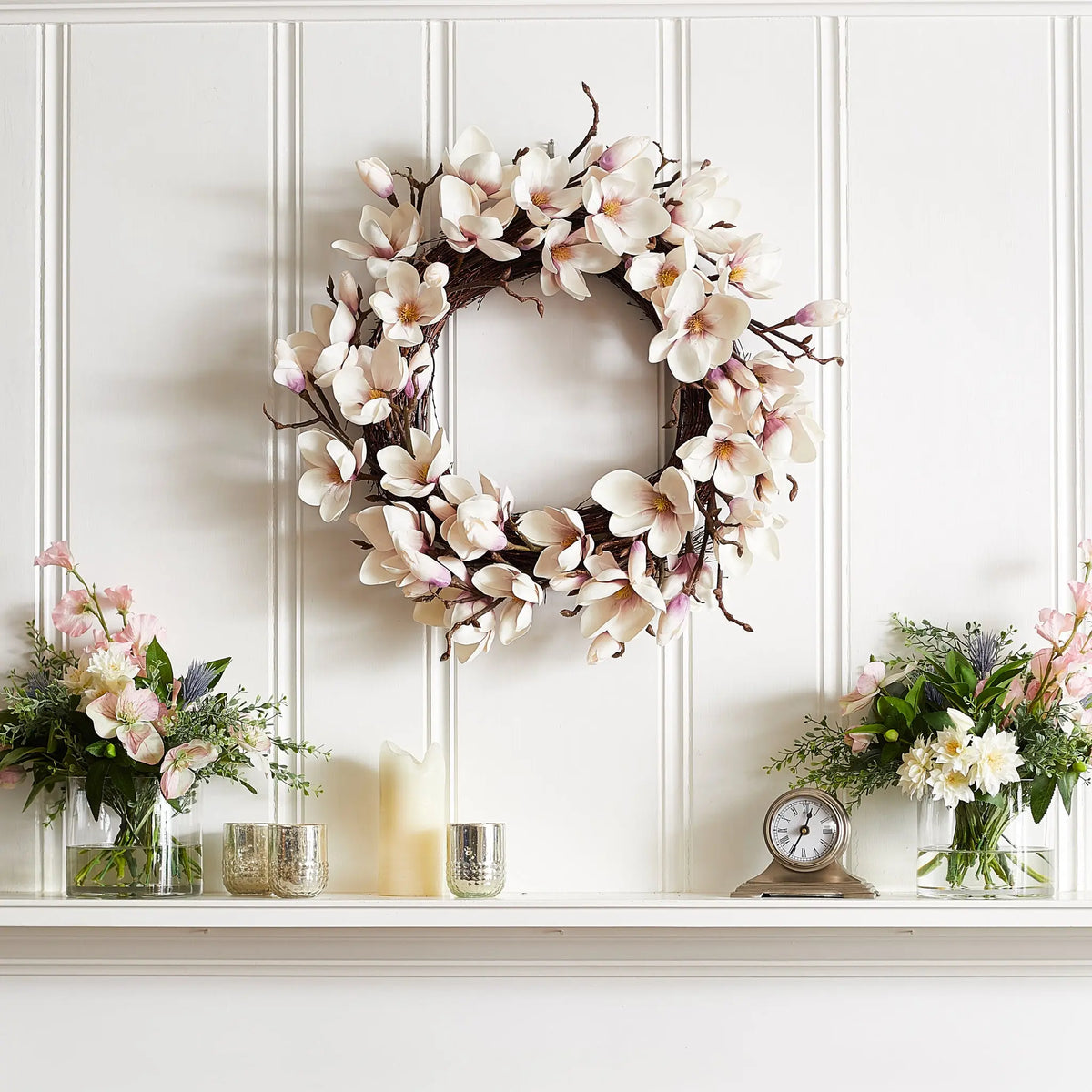 Real Touch Magnolia Spring Wreath - Cream & Lavender Everyday Decor ...