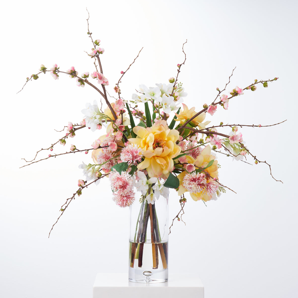 Spring Reverie - Giant Yellow Peony, Pink Cherry Blossom Branch & Whit ...