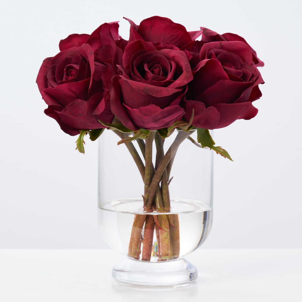 Real Touch Red Bordeaux Rose Buds In Footed Urn Water Illusion Arrange – Darby Creek Trading