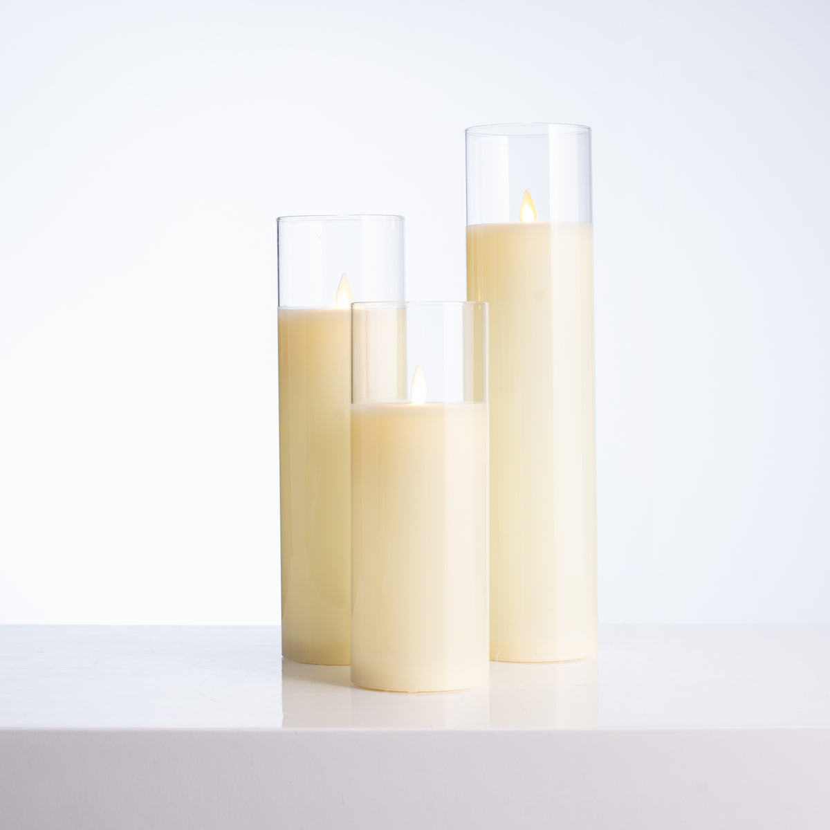 Tall Moving Flameless LED Cream Glass Pillar Candles with Remote - Set ...