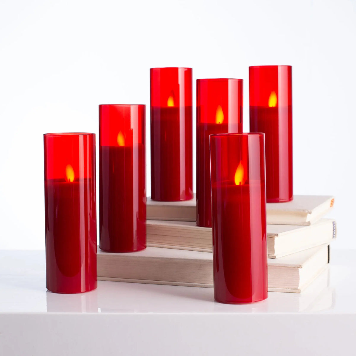 Moving Flameless LED Red Glass Pillar Candles with Remote Set of 6 ...