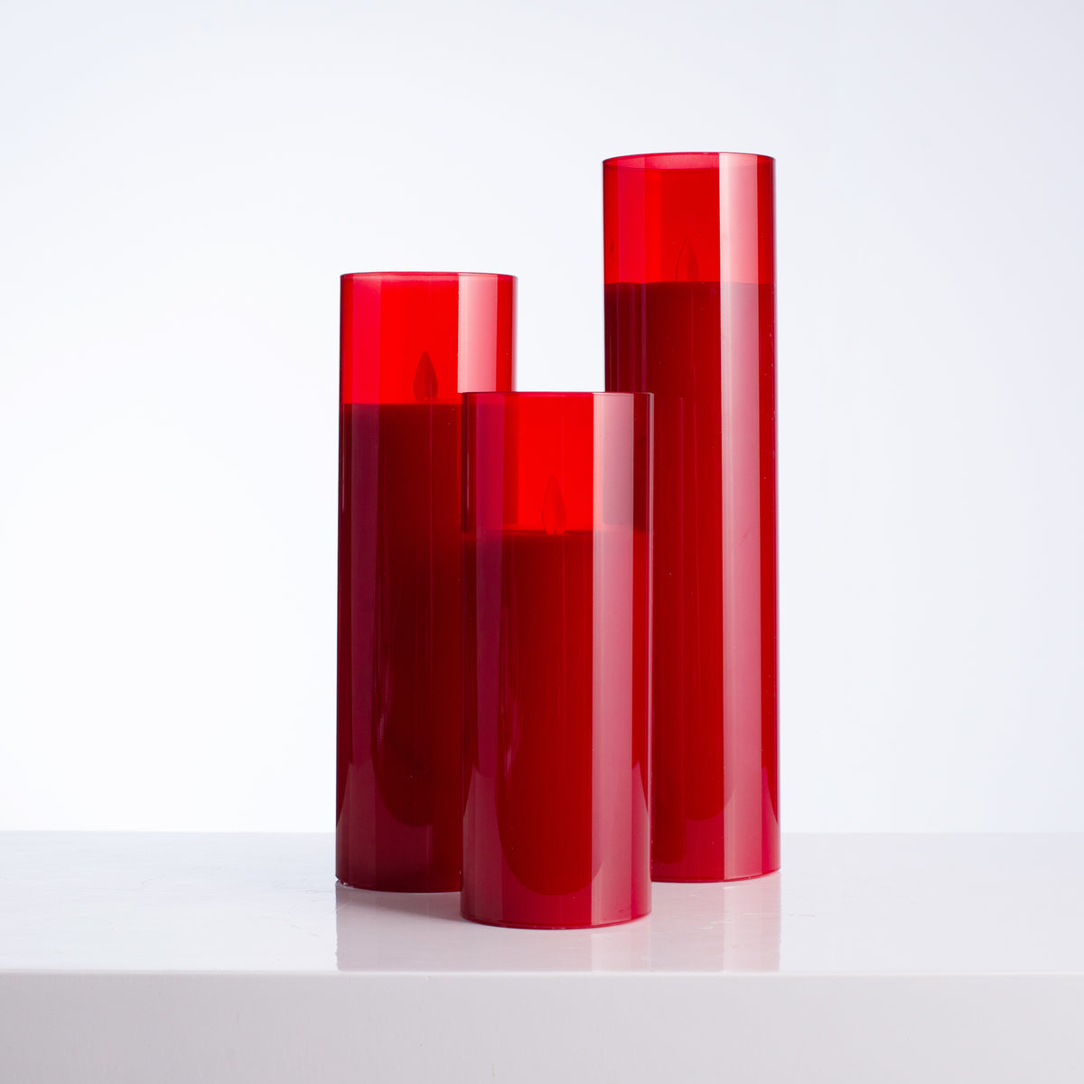 Tall Moving Flameless LED Red Glass Pillar Candles with Remote - Set o ...