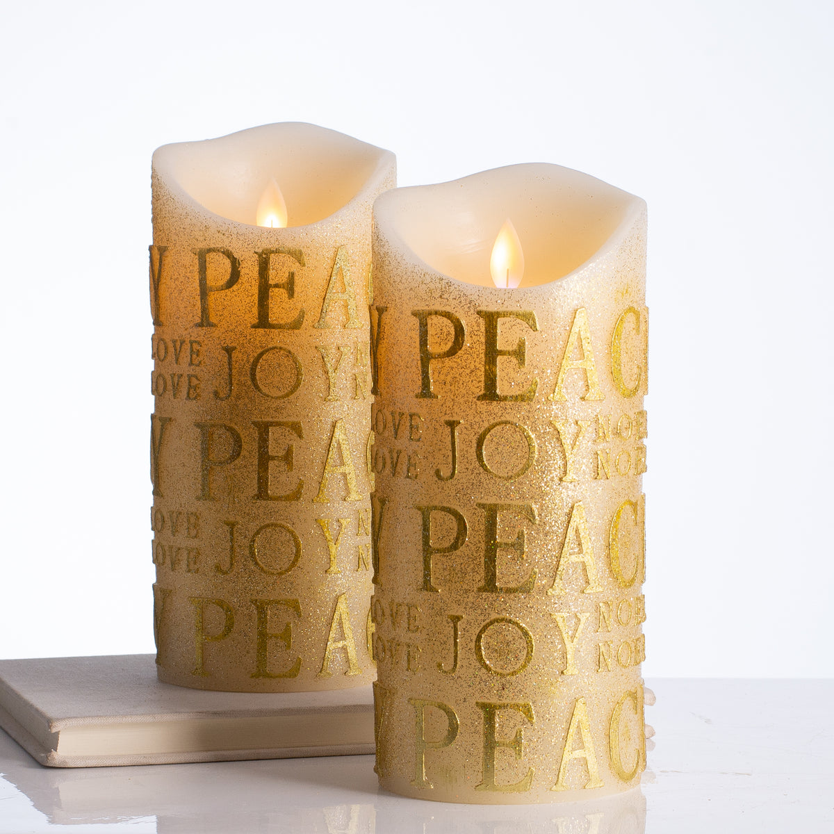 Gold Glitter Peace & Joy Flickering Flameless Battery-Operated LED Pil – Darby Creek Trading