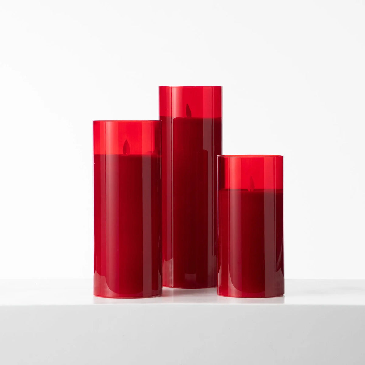 Large Moving Flameless LED Red Glass Pillar Candles with Remote- Set ...