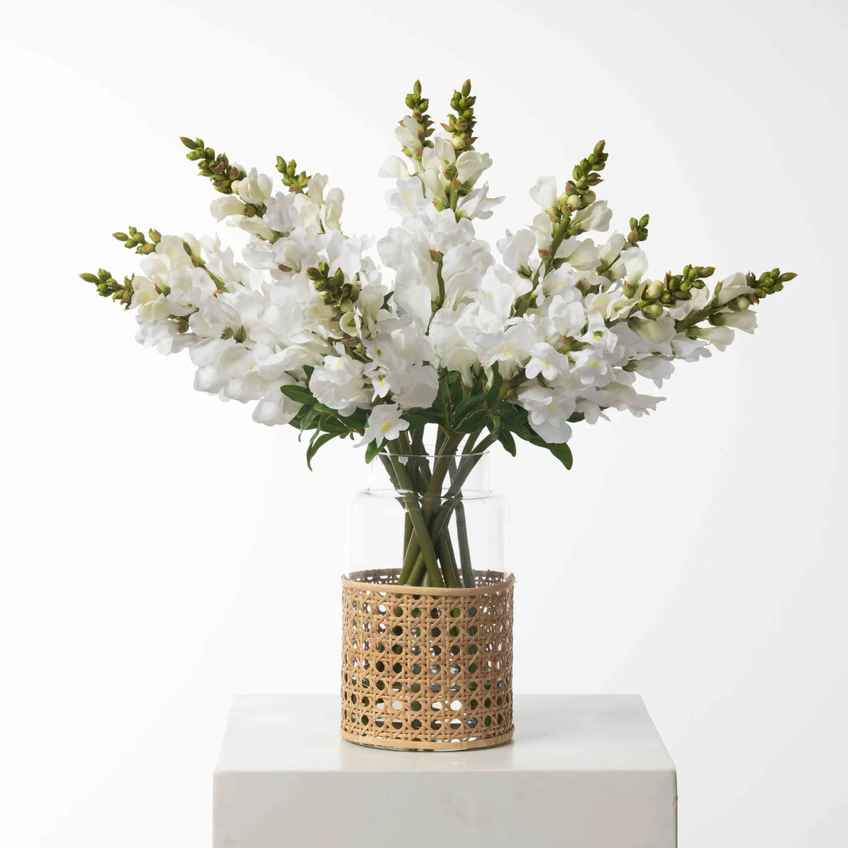 Real Touch White Snapdragons in Wicker Accent Vase Everyday Spring Wat ...