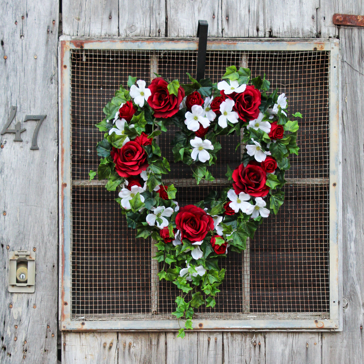 Red Rose, White Dogwood & Ivy Valentine’s Heart Wreath – Darby Creek ...