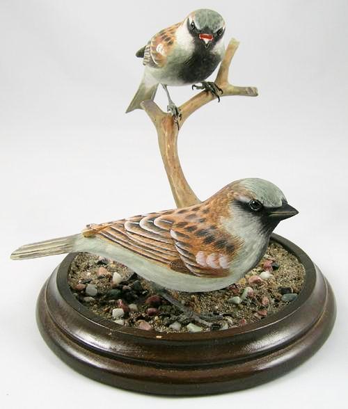 Two House Sparrows - Hand Carved Wooden Bird – Darby Creek Trading