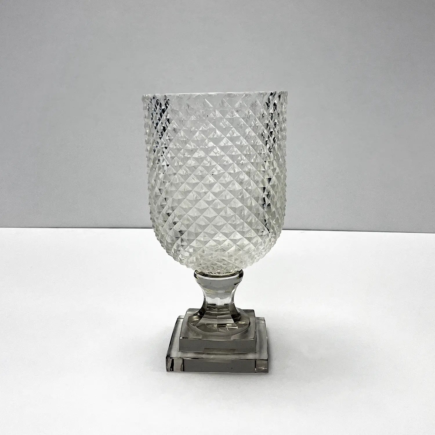 Embossed Diamond Cut Clear Glass Urn Vessel Elegant Footed Pedestal Va ...